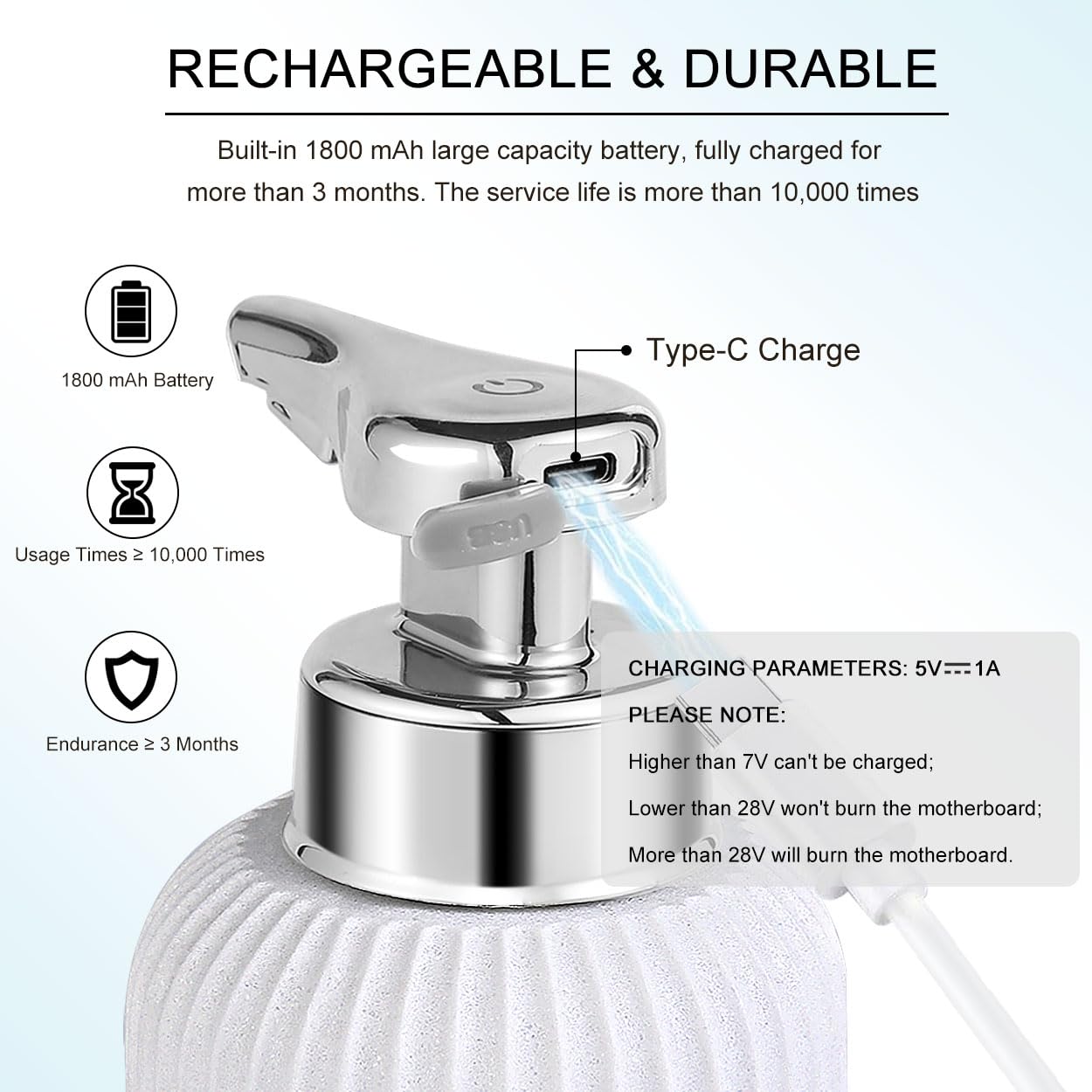Kuxssul Automatic Foaming Soap Dispenser, 10.8oz/320ml Touchless Hand Soap Dispenser Rechargeable Foam Soap Dispenser, IPX5 Waterproof Smart Dish Soap Dispenser Electric Soap Dispenser