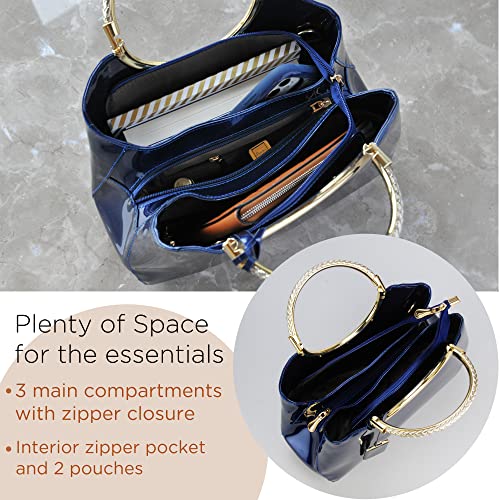 HOXIS Charm Glossy Metal Grip Structured Shoulder Handbag Top Handle Patent Leather Handbags for Women (Navy)