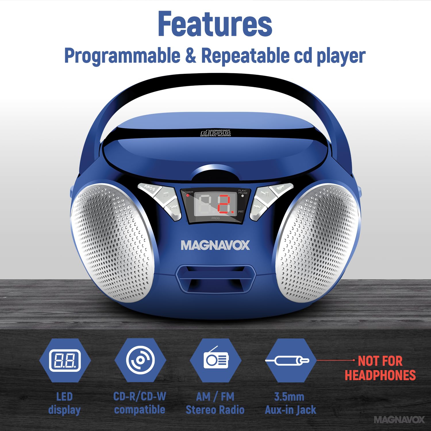 Magnavox MD6924 Portable Top Loading CD Boombox with AM/FM Stereo Radio in Black | CD-R/CD-RW Compatible | LED Display | AUX Port Supported | Programmable CD Player | (Blue)