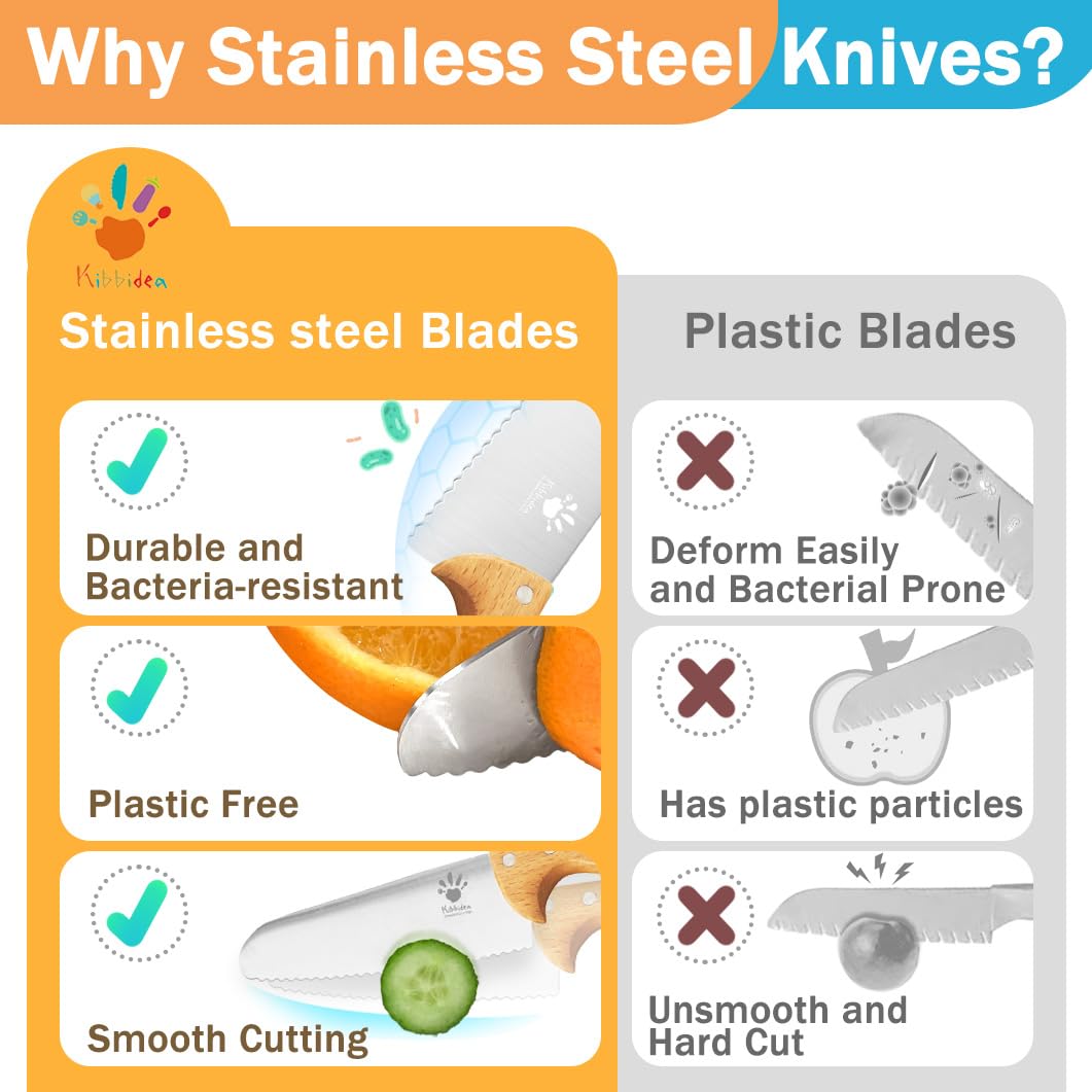 Kibbidea Kids Knife Set for Real Cooking, 4pcs Toddler Safe Kitchen Cutting Knives, Stainless Steel Blades, Children First Starter knife, BPA-free (Silver)