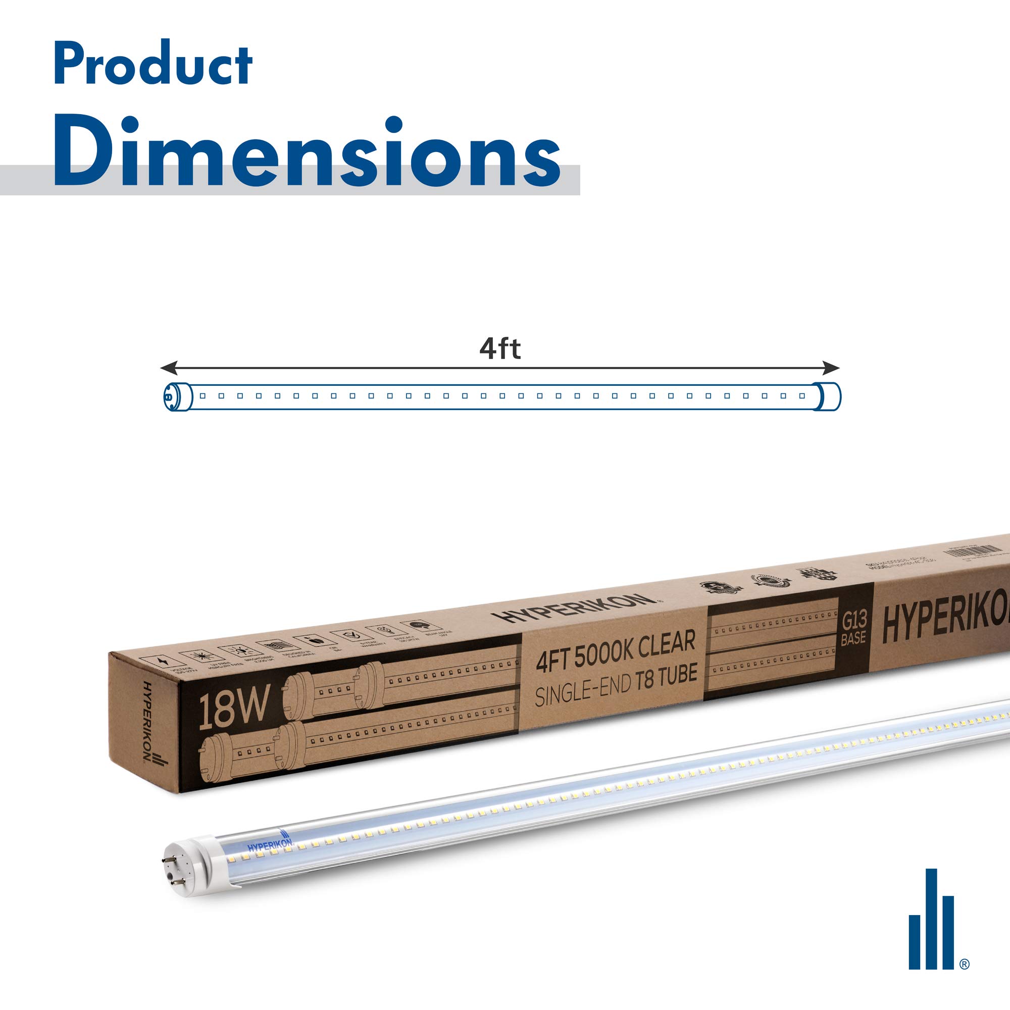Hyperikon 4 Foot LED Tube, T8 T10 T12 40 Watt Replacement (18W), Single End Ballast Bypass, Clear Lens, UL, DLC, Crystal White, 4 Pack