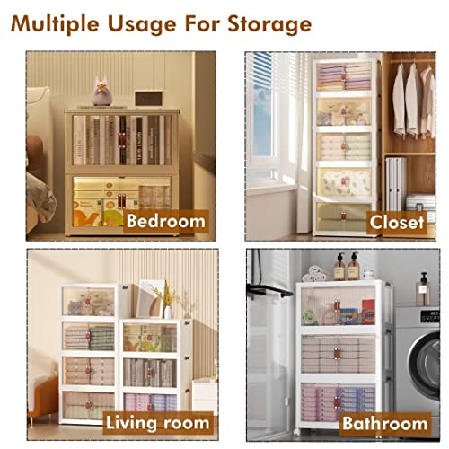 OEMVALATY 4-tier storage bins with lids,large plastic storage bins with lids and doors 60 Qt(16 Gal) per tier,closet organizers and storage,Stackable storage box,Folding Storage Box with Wheels