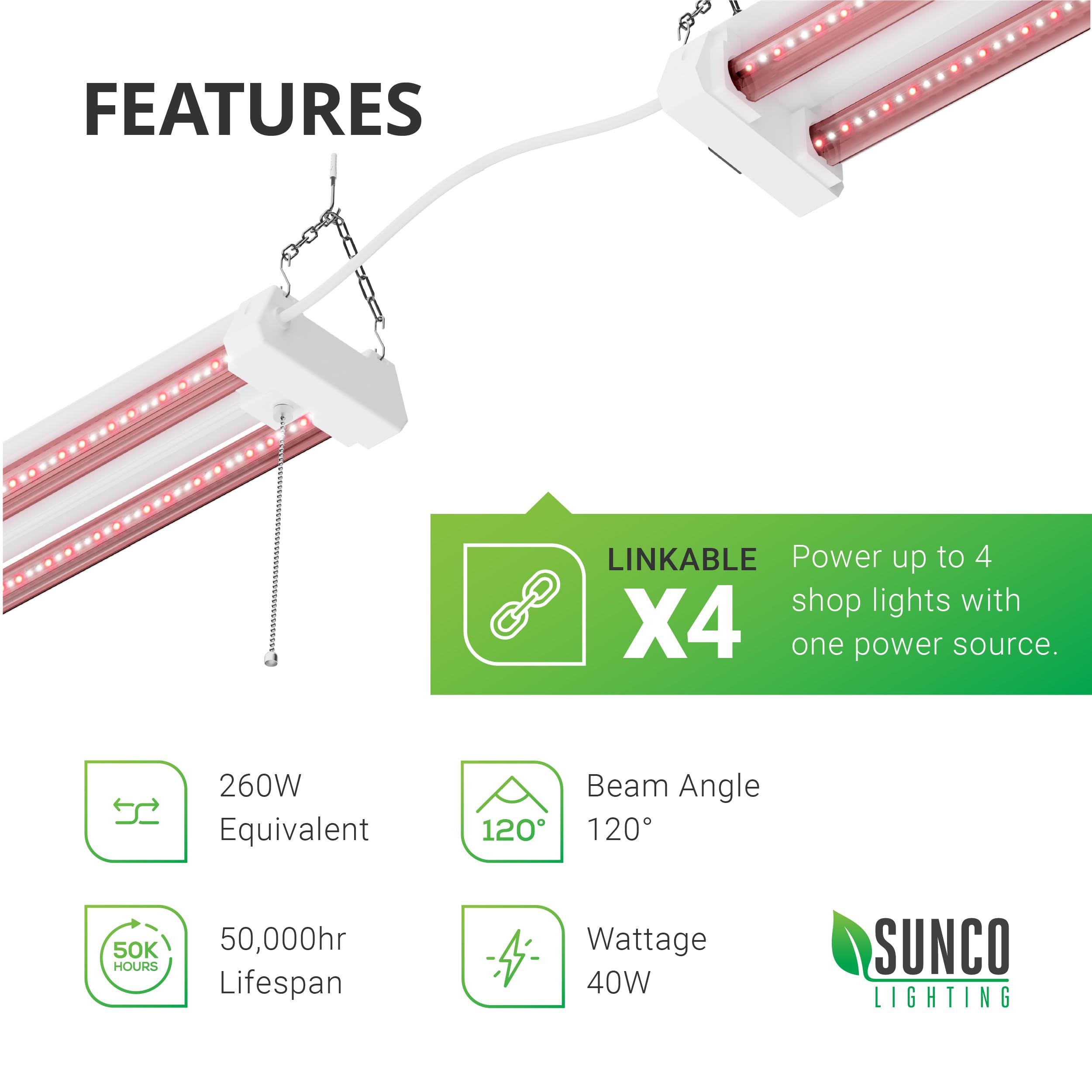 Sunco 4FT LED Grow Light for Indoor Plants 40W, Full Spectrum, Hanging Suspended Fixture, Linkable, Plug in, Greenhouse Year Round for Indoor Plants Seedlings Vegetables Flowers 2 Pack