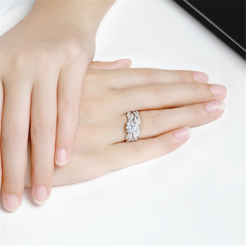 JunXin Round Cut 1.5ct Swarovski Crystal White Gold Bridal Set Engagement Rings Wedding Band Size8