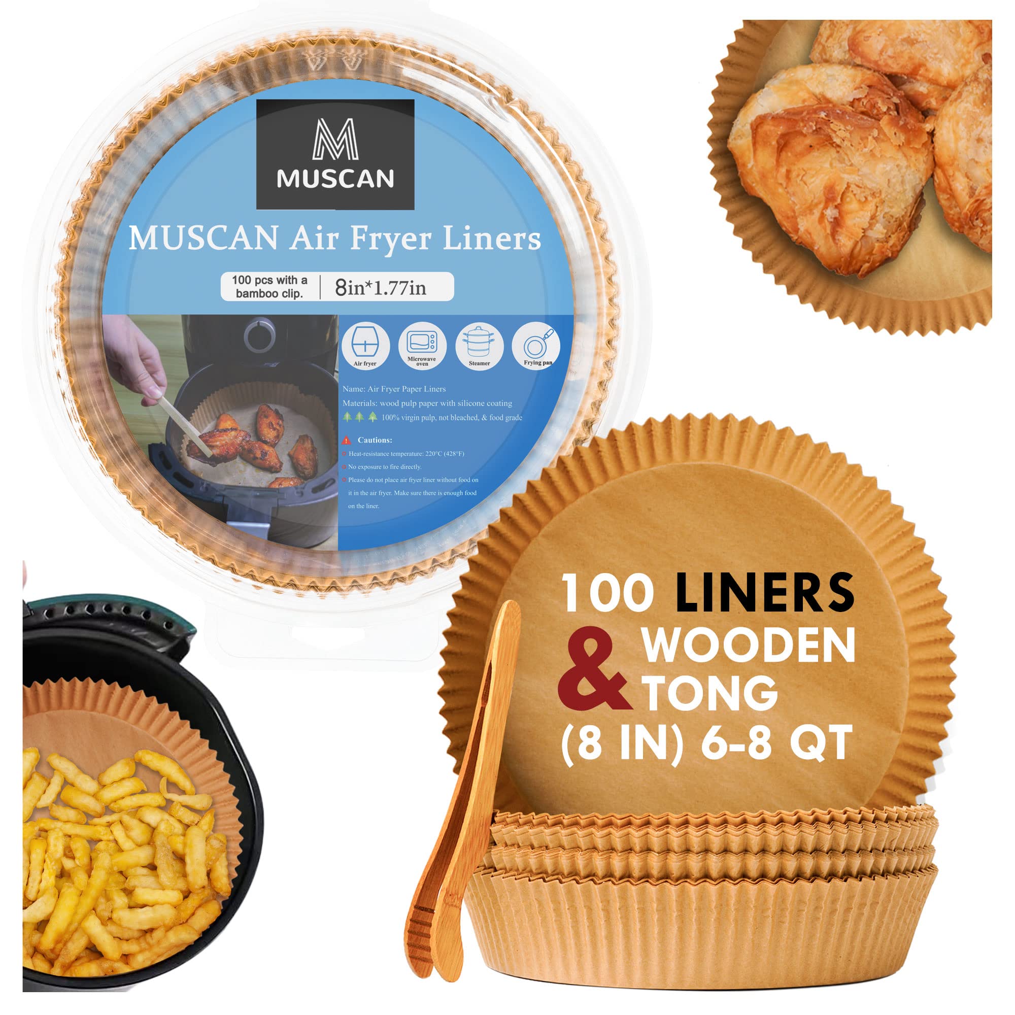 MUSCAN Air Fryer Liners 100 Pcs 8 Inches Round with Wooden Tong Disposable Large Oil Resistant, Waterproof, Unbleached Parchment Paper, Air Fryer Accessories for Air Frying, Baking, Roasting Microwave