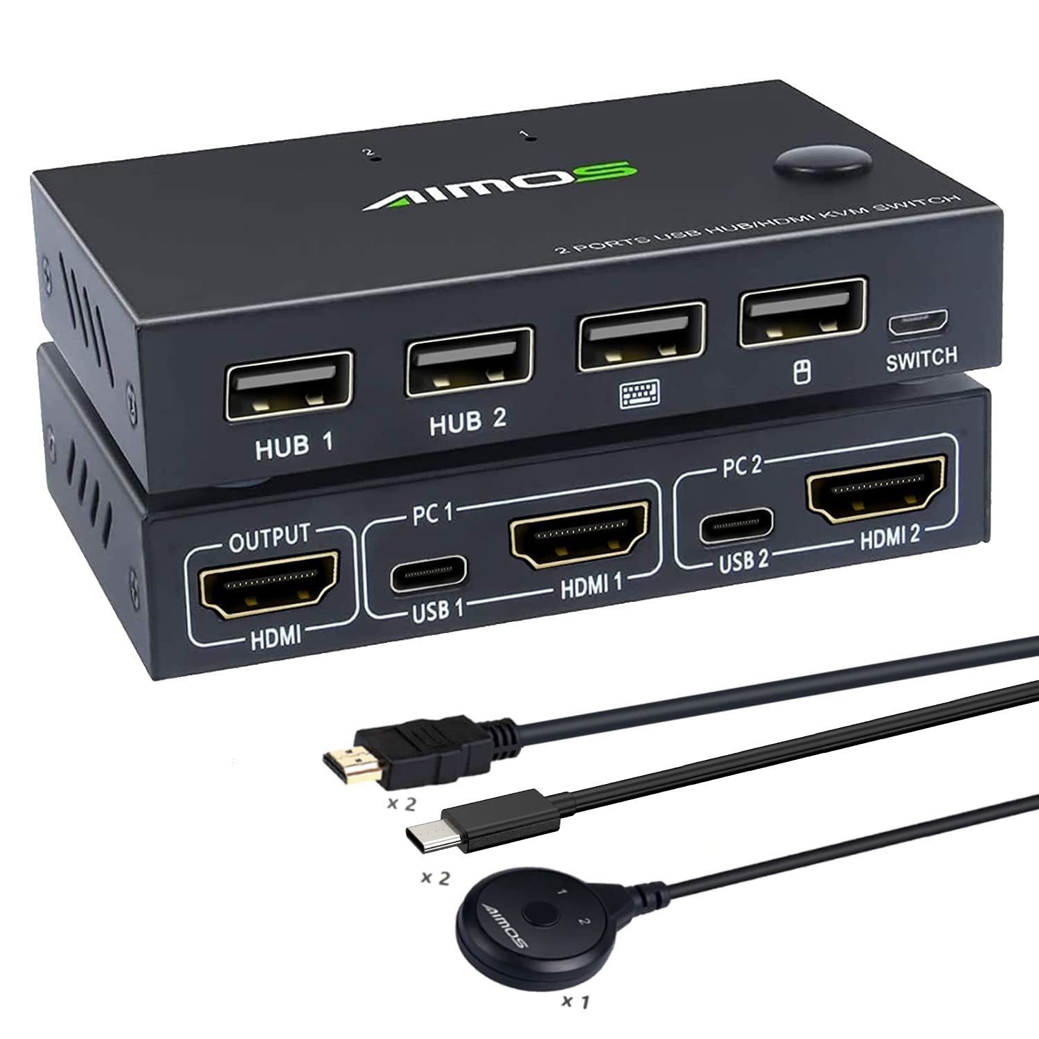 KVM Switch HDMI 2 Port 4K@30Hz,AIMAISHI HDMI and USB Switch with 4 USB 2.0 Ports for 2 Computer Share Keyboard Mouse and 1 Monitor, with 2 HDMI Cable and 2 USB Cable