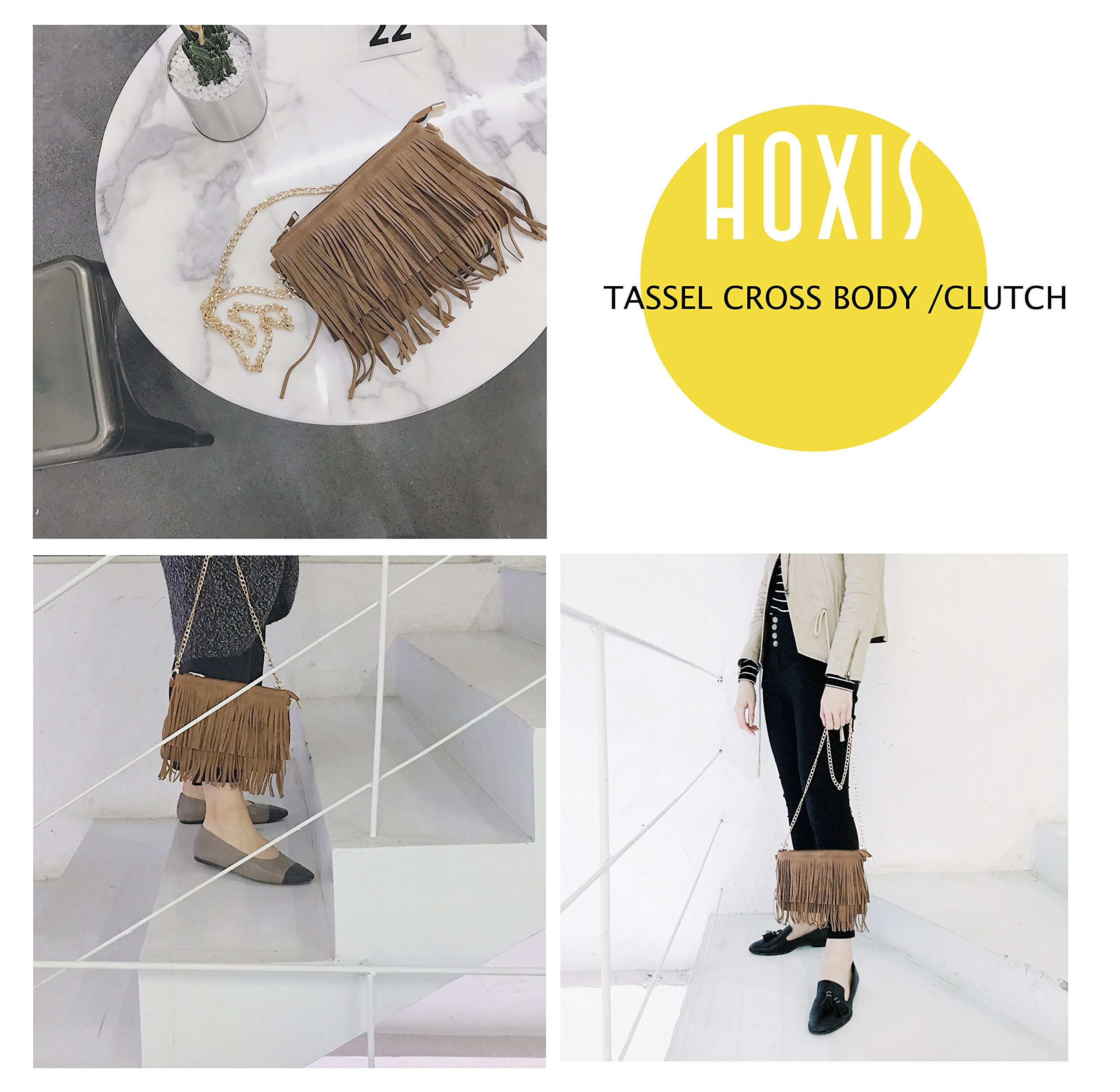 HOXIS Fringe Cross Body Bag Womens Small Shoulder Bag Top Zip Wristlet Brown