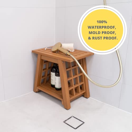 ROHKEX Waterproof Shower Bench with Storage Shelf - Heavy Duty, Easy to Clean - Adjustable Feet - 18-Inch Corner Seat for Shaving Legs - Ideal Shower Bench with Shelf and Seat