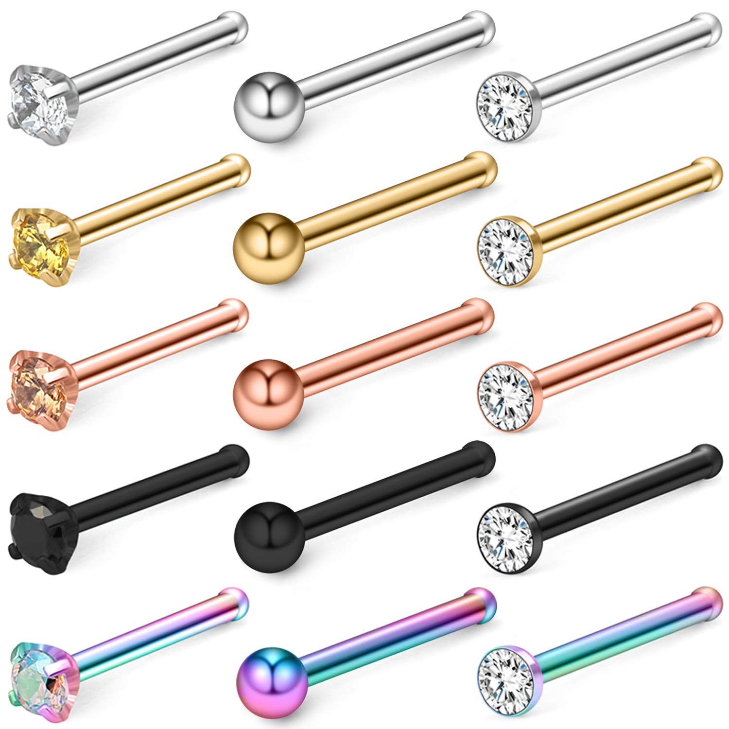 Lcolyoli Nose Ring 20 Gauge Surgical Steel Nose Stud Bone for Women Body Piercing Jewelry with Clear Diamond Round CZ 15 Pieces Silver Ball 2.5mm Men Silver-tone Rose Gold Black Ball
