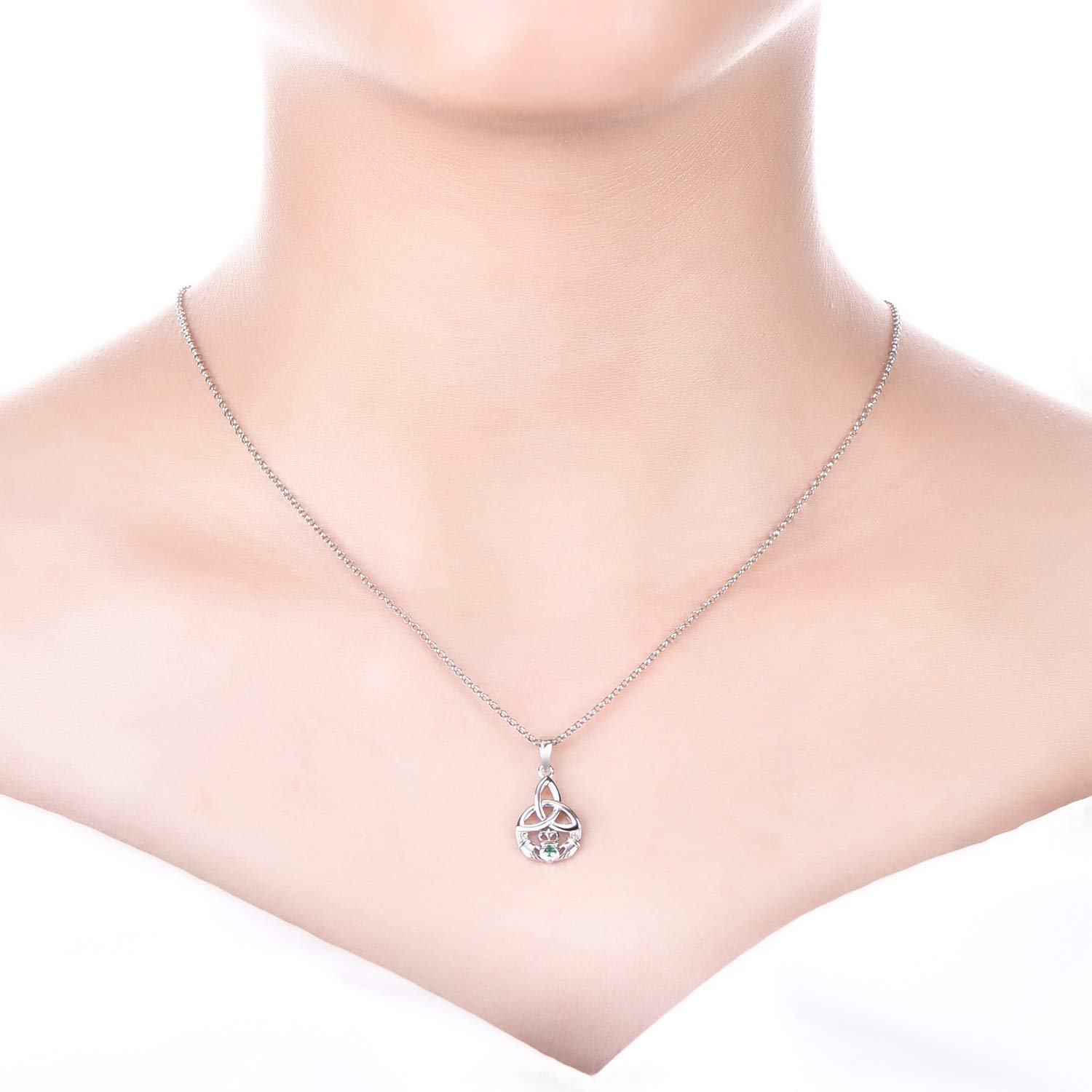 JO WISDOM 925 Sterling Silver Irish Celtic Heart Claddagh Pendant Necklace with Emeral Birthstones