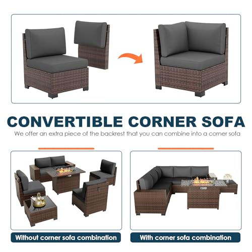 VONZOY Patio Furniture Set with Fire Pit Table, 7 Piece Outdoor Sectional Conversation Sets Wicker Rattan Sectional Sofa with Coffee Table for Patio Garden Backyard, 4'' Thickened Cushion Dark Grey