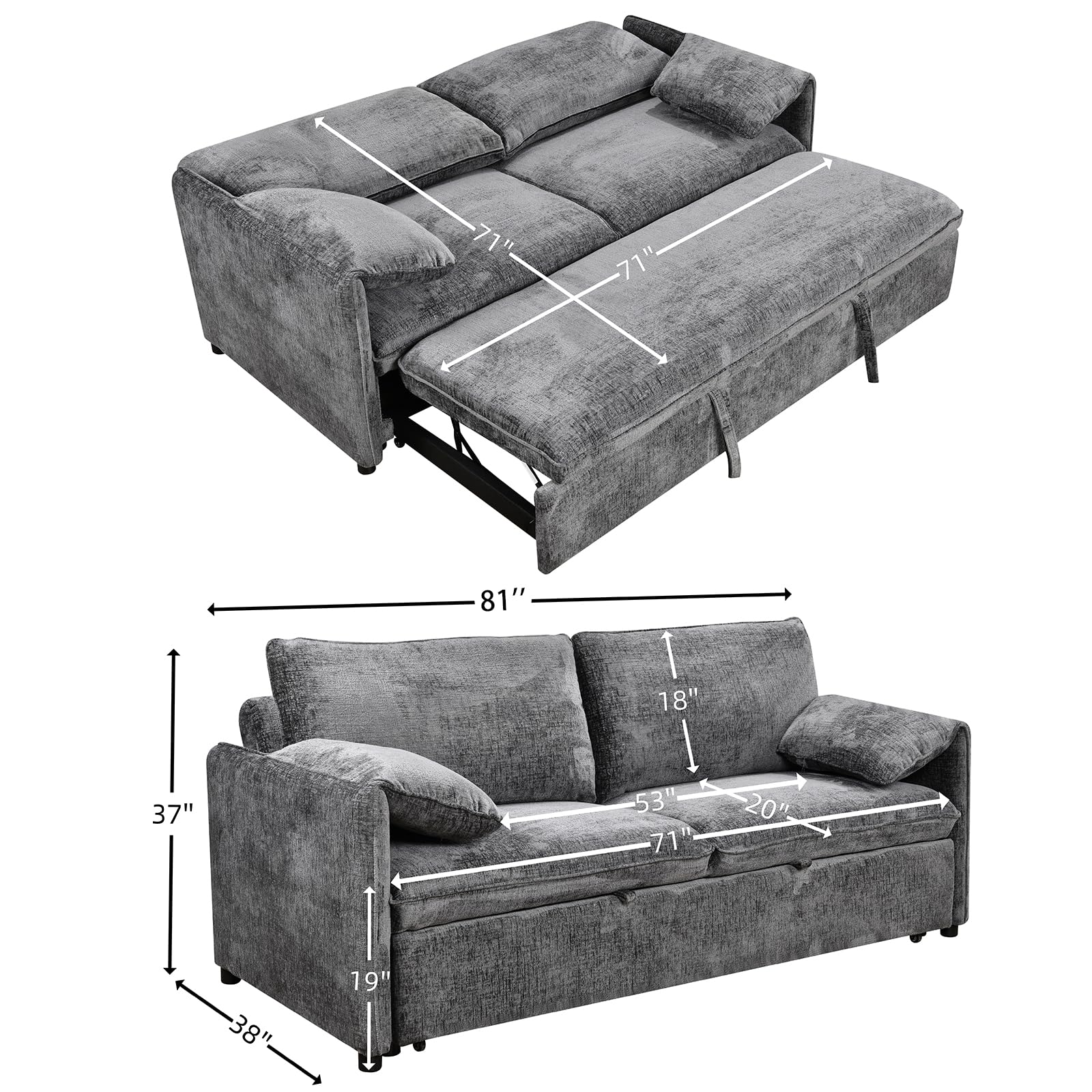 ZIGHTH 81-Inch Chenille Queen Size Sleeper Sofa Couch with Pullout Bed, Convertible Pull Out Couch with 4 Pillows and Adjustable Backrest for Small Spaces, Apartment, Guest Room, RV (Light Brown)