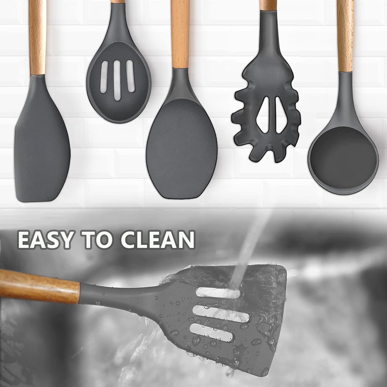 IOCBYHZ Kitchen Cooking Utensils Set, 6Pcs Silicone Cooking Kitchen Utensils Set Spatula Soup Ladle Turner Set, Heat Resistant Wooden Handle Silicone Kitchen Gadgets Utensil Set for Nonstick Cookware