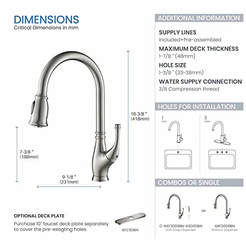 KIBI Summit Single Handle Pull Down Faucet for Kitchen Sink | Solid Brass High Arc Faucet Spout | 360 Degree Swivel Faucet with Pull Down Sprayer (Brushed Nickel) (KKF2009) (Soap Dispenser included)