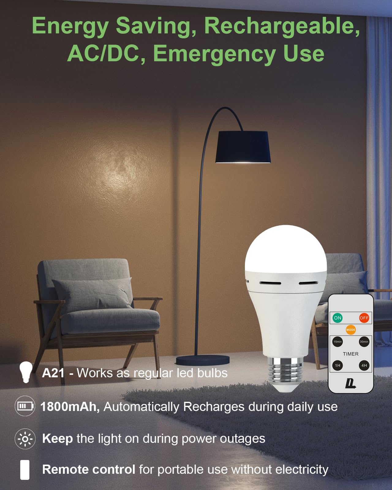 LOTOFIT 4 Pack Rechargeable LED Light Bulbs with Remote, 4 Light Mode, Timer Function, USB Hanging LED Light Bulbs for Indoor Emergency Camping Hiking Backpacking