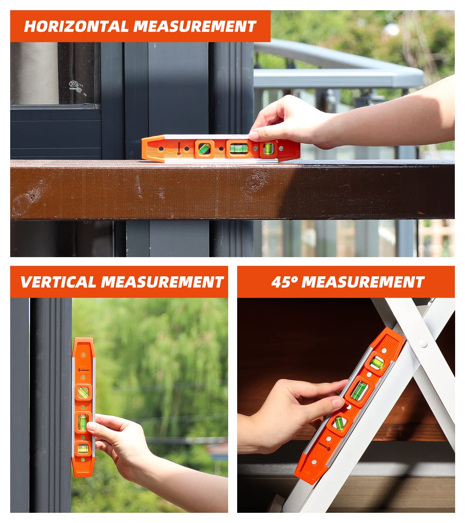RONGPRO 9 Inch Torpedo Level Magnetic Box Level, Measuring Shock Resistant Torpedo Level with 45°/90°/180° Bubbles, Orange - 2 PCS