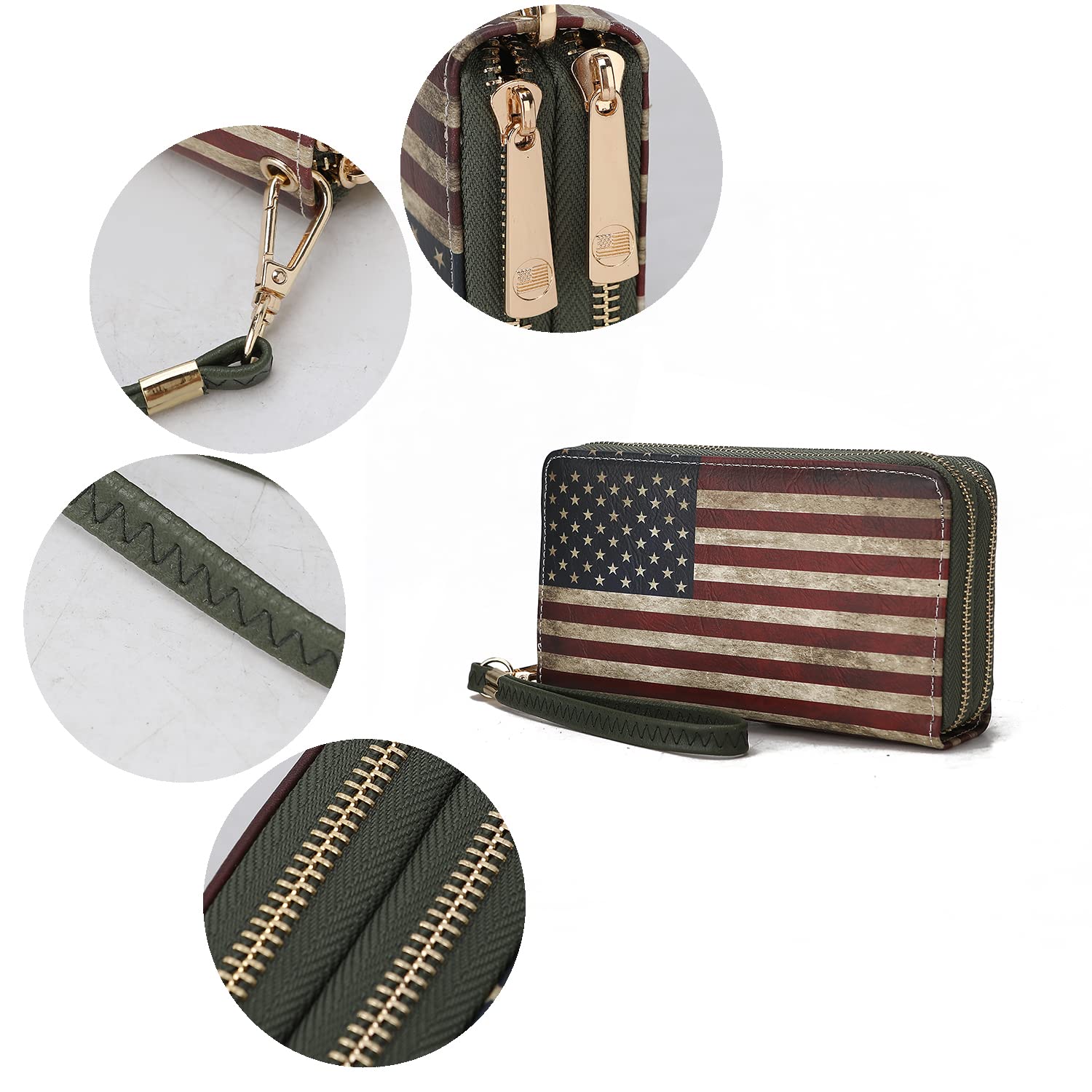 MKF Collection USA Wristlet Wallet for Women's, American Flag Vegan Leather Double Zipper Multi Pocket Small Patriotic Purse