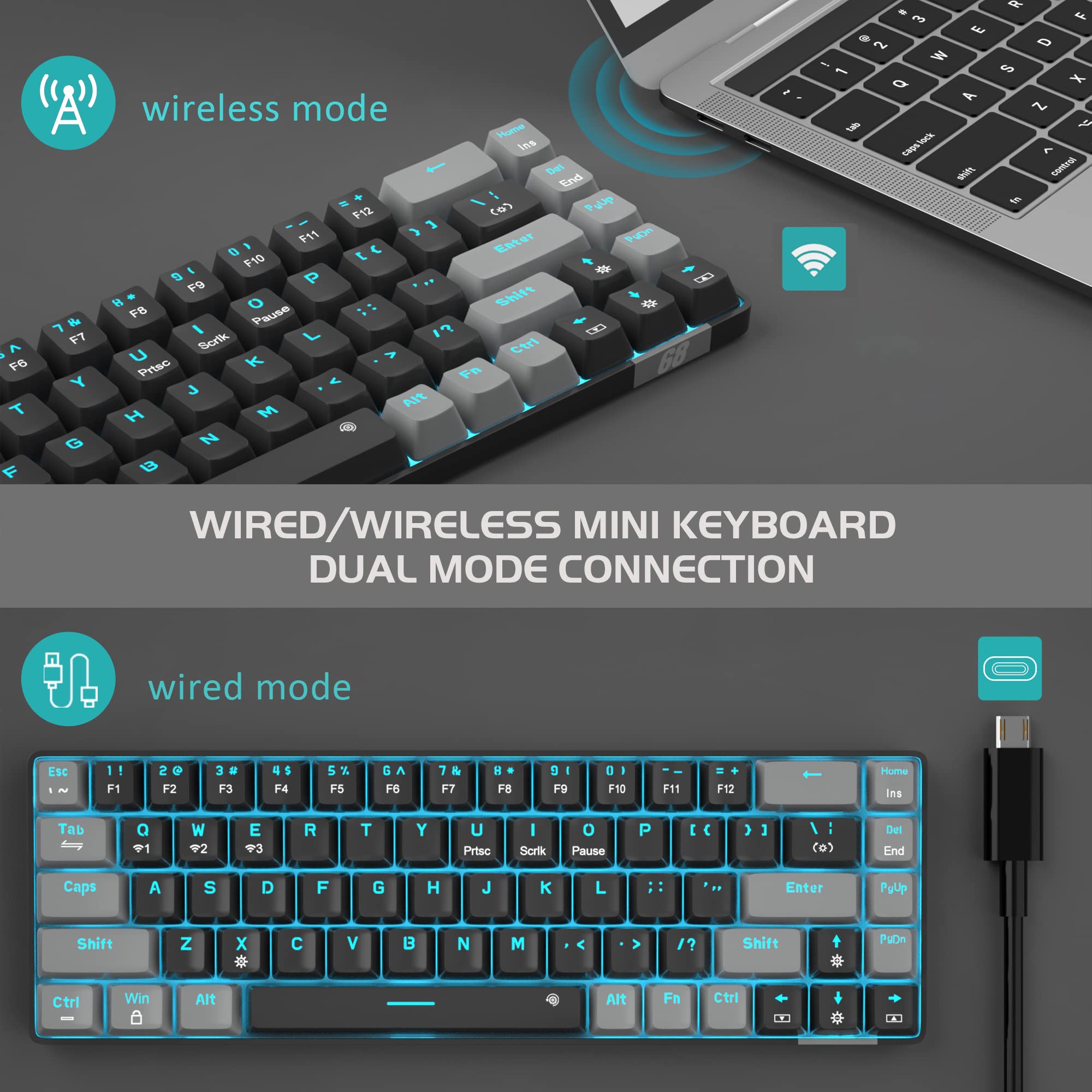 MageGee 60% Wired/Wireless Mechanical Gaming Keyboard with Red Switch, 68 Keys Compact LED Blue Backlit Mini USB-C Office Keyboard for PC Laptop Mac Smartphone, Black/Grey