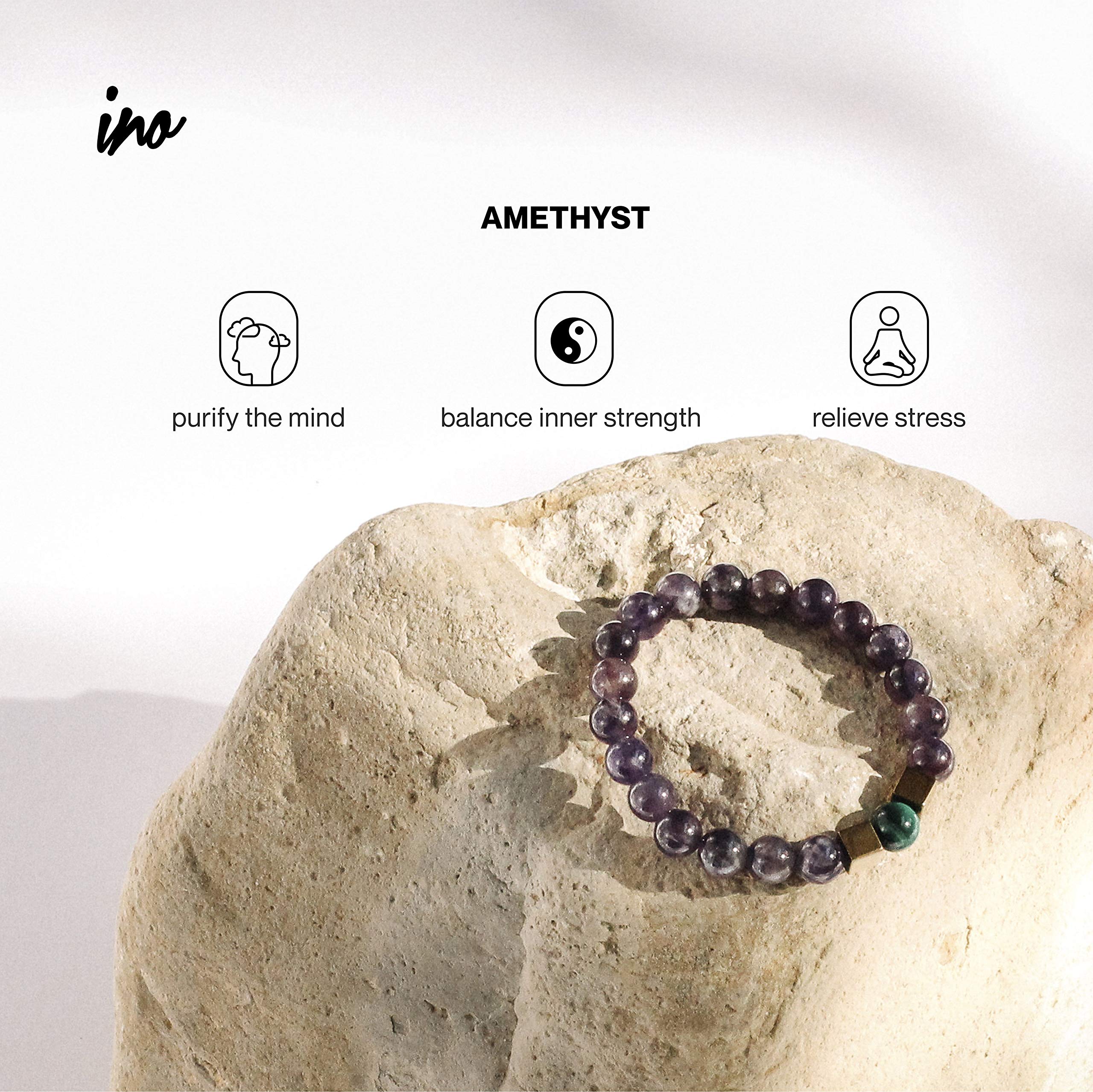 Ino Genuine Healing Gemstone Crystal Beads - 8mm Natural Stress Bracelets - Unisex for Men and Women (M, Amethyst)