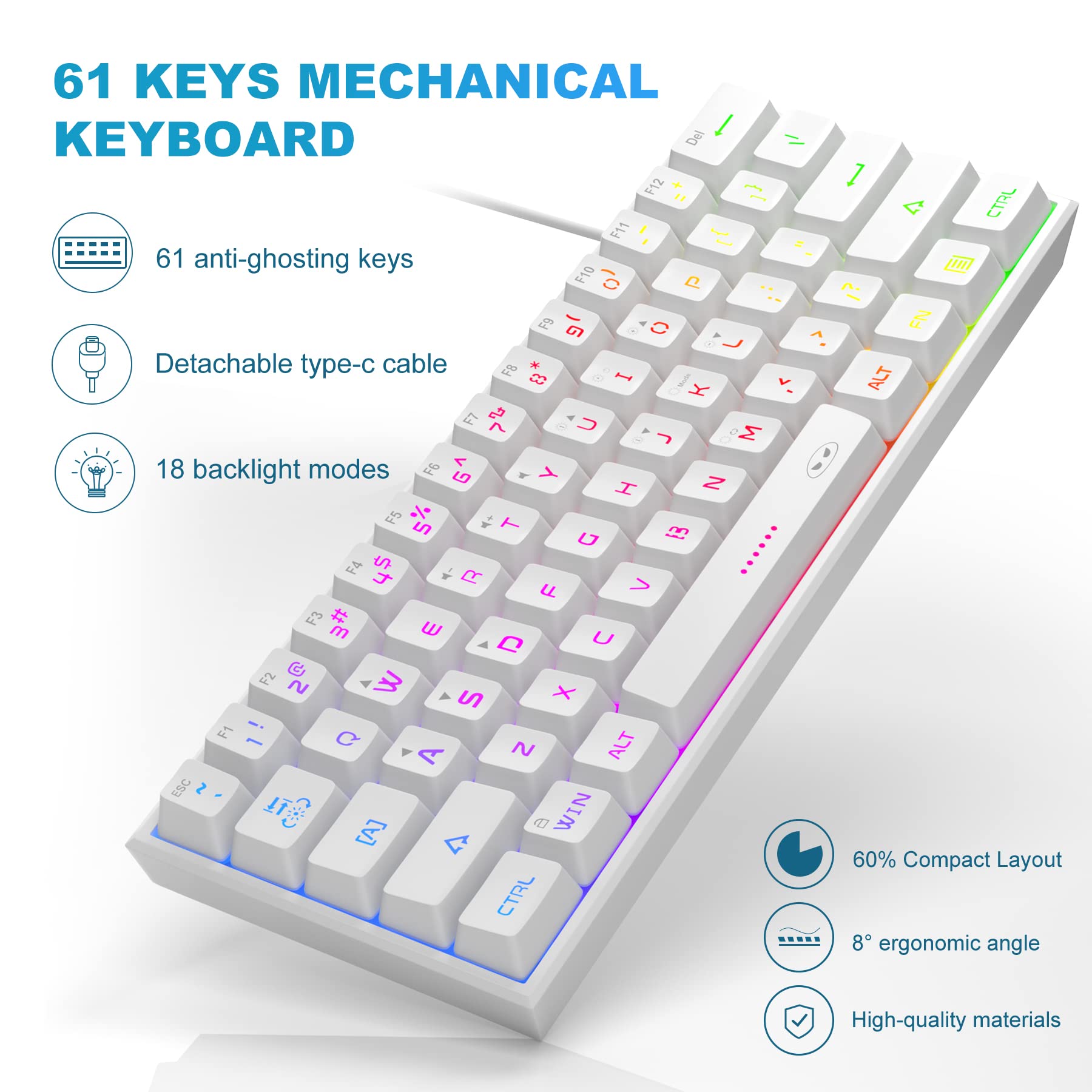 MageGee 60% Wired Gaming Keyboard, RGB Backlit Ultra-Compact Mini Keyboard, Waterproof 61 Keys Keycap Lettering Translucent Keyboard for PC/Mac Gamer, Typist, Easy to Carry on Business Trip(White)