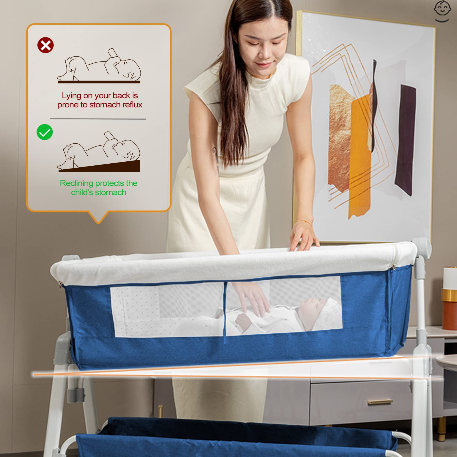 Scxfedor Bedside Bassinet for Baby,Baby Bedside Crib with Storage Basket, Bassinet Bedside Sleeper Adjustable Portable Bed for Infant,Baby Bassinets Bedside Sleeper(Blue)