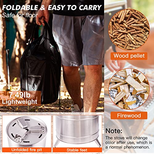 Portable Smokeless Fire Pit with Foldable Legs and Grill, Stainless Steel Outdoor Firepit Wood Burning Bonfire Pit with Carry Bag Safe for Campfire, Cooking, BBQ on Patio Deck Backyard and Beach