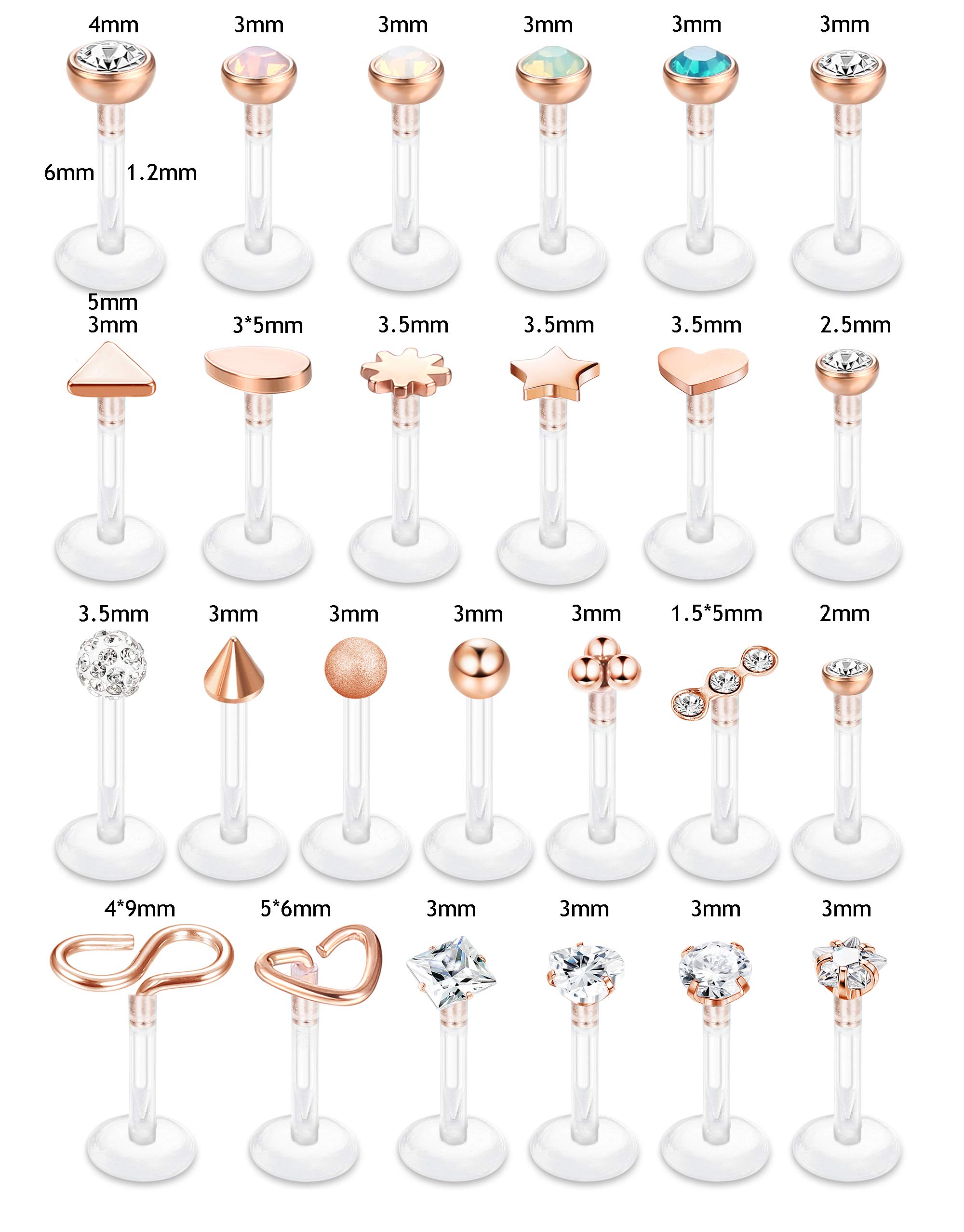 JOERICA 16G Tragus Forward Helix Cartilage Earrings Studs Clear Labret Studs Lip Rings Monroe Piercing Jewelry 6mm 1/4"