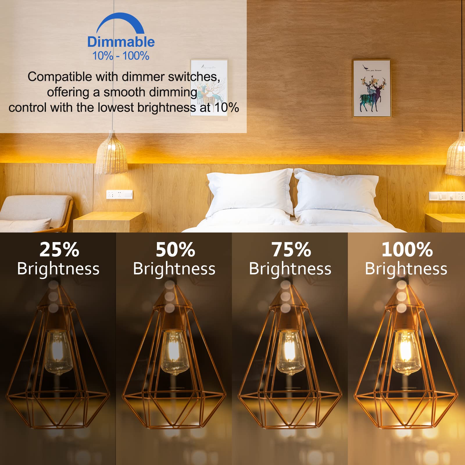 LED Edison Bulbs, 6W, Equivalent 60W, High Brightness Daylight White ST58 Antique LED Filament Bulbs, E26 Medium Base, Dimmable, Clear Glass(4 Pack)