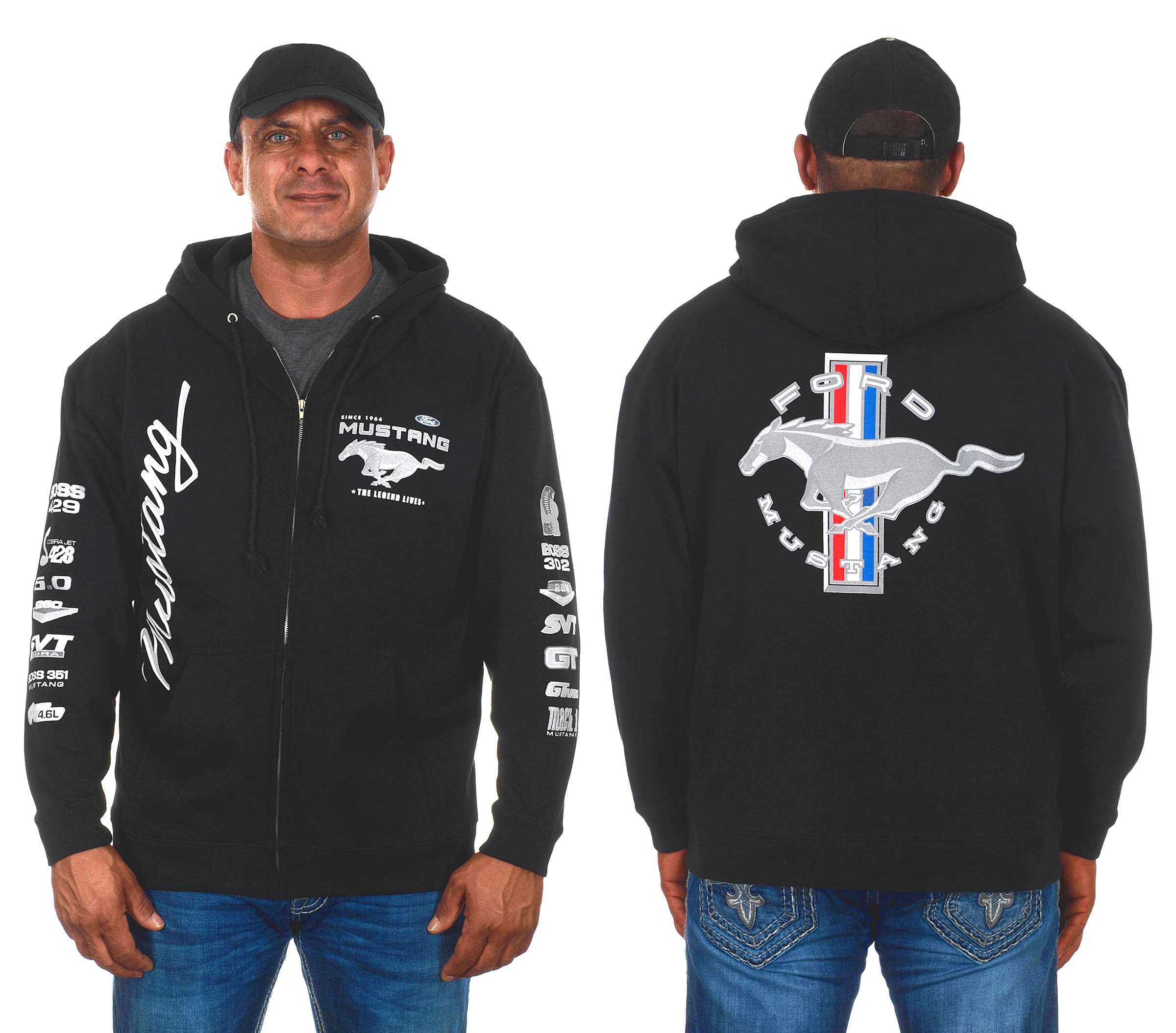 JH DESIGN GROUP Men's Ford Mustang Collage Black Zip Up Hoodie Sweatshirt (Large, CLG2-black)