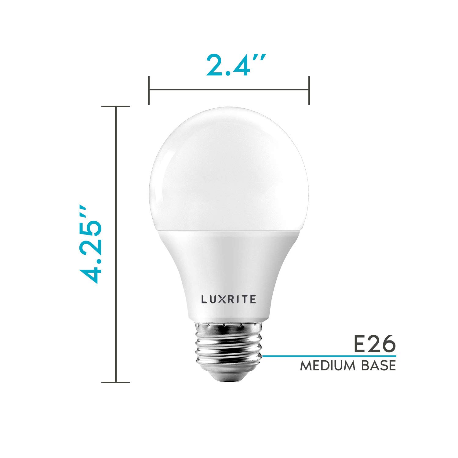 LUXRITE A19 LED Bulb 60W Equivalent, 5000K Bright White, 800 Lumens, Dimmable Standard LED Light Bulbs 9W, Enclosed Fixture Rated, Energy Star, E26 Medium Base - Indoor and Outdoor (24 Pack)