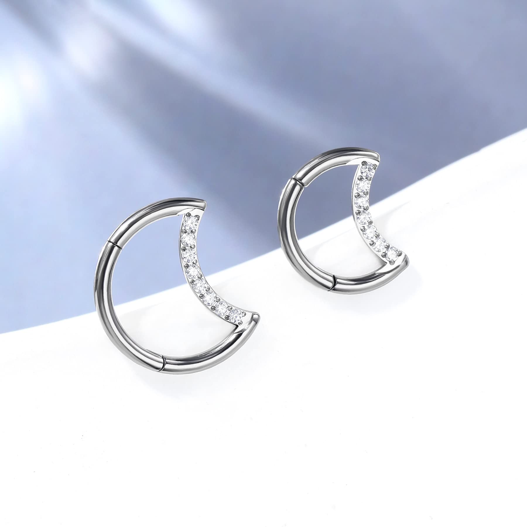 Mooncrush Jewelry G23 Solid Titanium Septum Rings 16G Moon Cilcker Cartilage Helix Earrings Hoop Higned Segment Silver Daith Earring Piercing Jewelry Surgical Steel