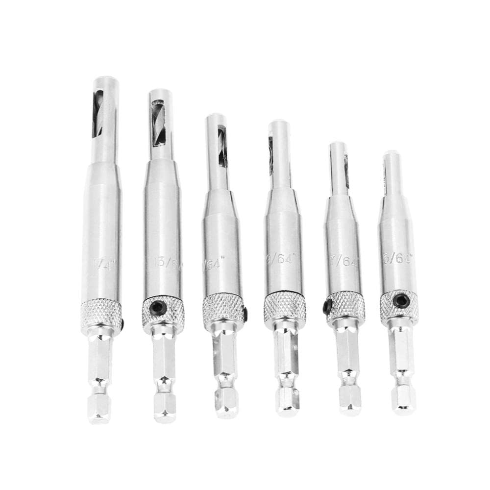 Self-Centering Drill Bit Set for Cabinet Doors and Woodwork - 6 Piece Multi-Size Hinge and Cabinet Door Drill Bit Set
