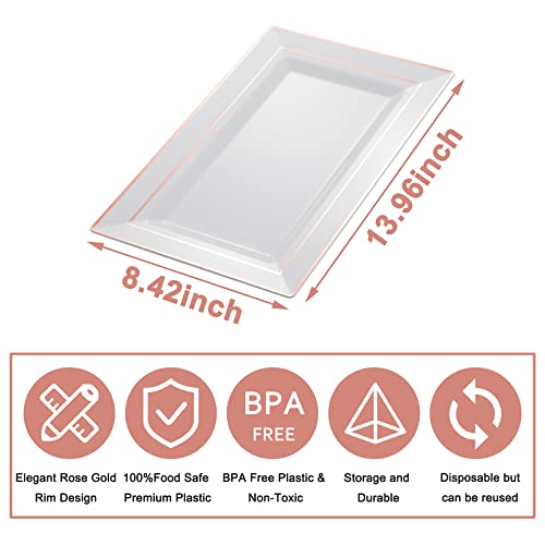 SUT 12 Pack White Plastic Serving Trays with Rose Gold Rim, 13 X 8 inch Rectangle Food Trays, Disposable platters Cookie Serving Trays, Rose Gold Serving Tray Wedding and Disposable Trays for Parties