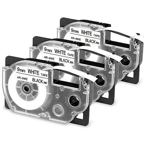 XR-9WE Replace for Casio Label It Tape 9mm 3/8'' XR-9WE XR9WE XR-9WE2S Black on White Tape Cassette Comaptible Casio EZ Label Printer KL-750 KL-60 KL-100 KL-120 KL-430 KL-780 KL-7200, 3-Pack