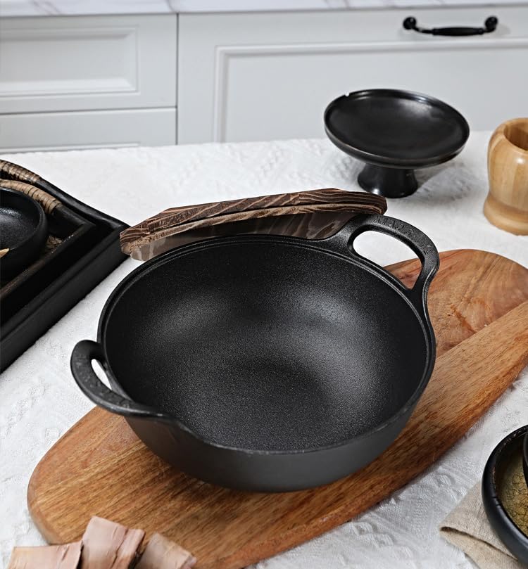 VONOTO Cast Iron Wok with Handles, Cast Iron Grilling Wok, Cast Iron Wok (8" inch)