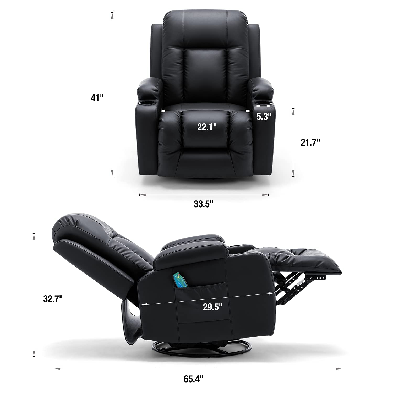 JOMEED Massage Rocking Recliner Chair with Heated 360 Degree Swivel PU Leather Recliner Sofa with Cup Holders for Living Room, Vibration