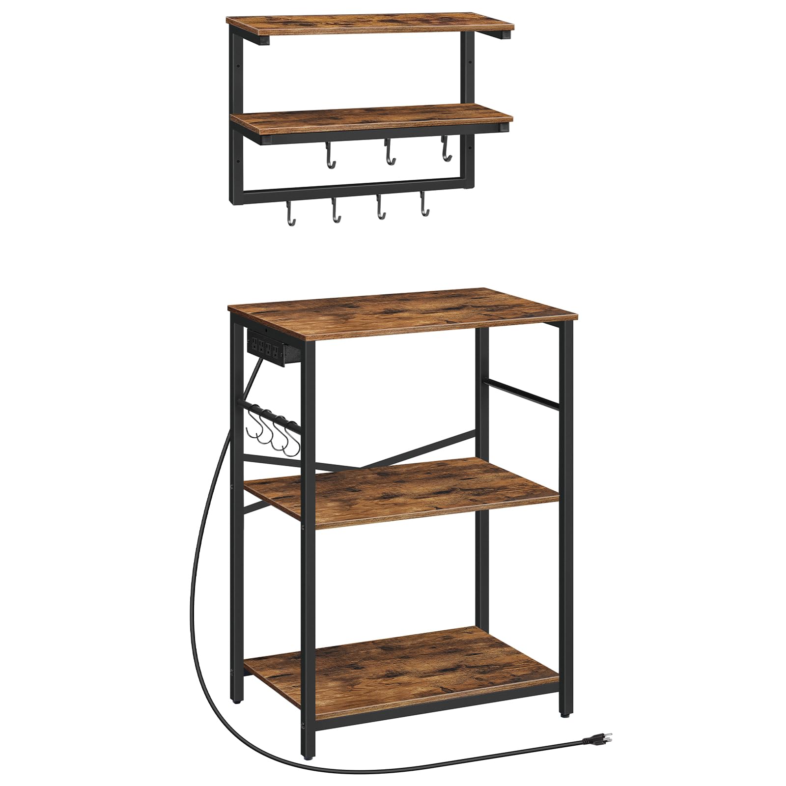 HOOBRO Bakers Rack with Power Outlets, Coffee Bar with Floating Shelves, Microwave Stand with 11 S-Hooks, Freestanding Kitchen Storage Shelves, for Kitchen, Living Room, Rustic Brown BF11UHB01