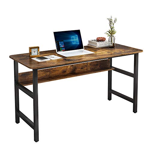 JEROAL 55 Inch Computer Desk with Bookshelf, Wood PC Laptop Workstation, Study Writing Table with Metal Frame for Home, Office and Study Room, Rustic Brown