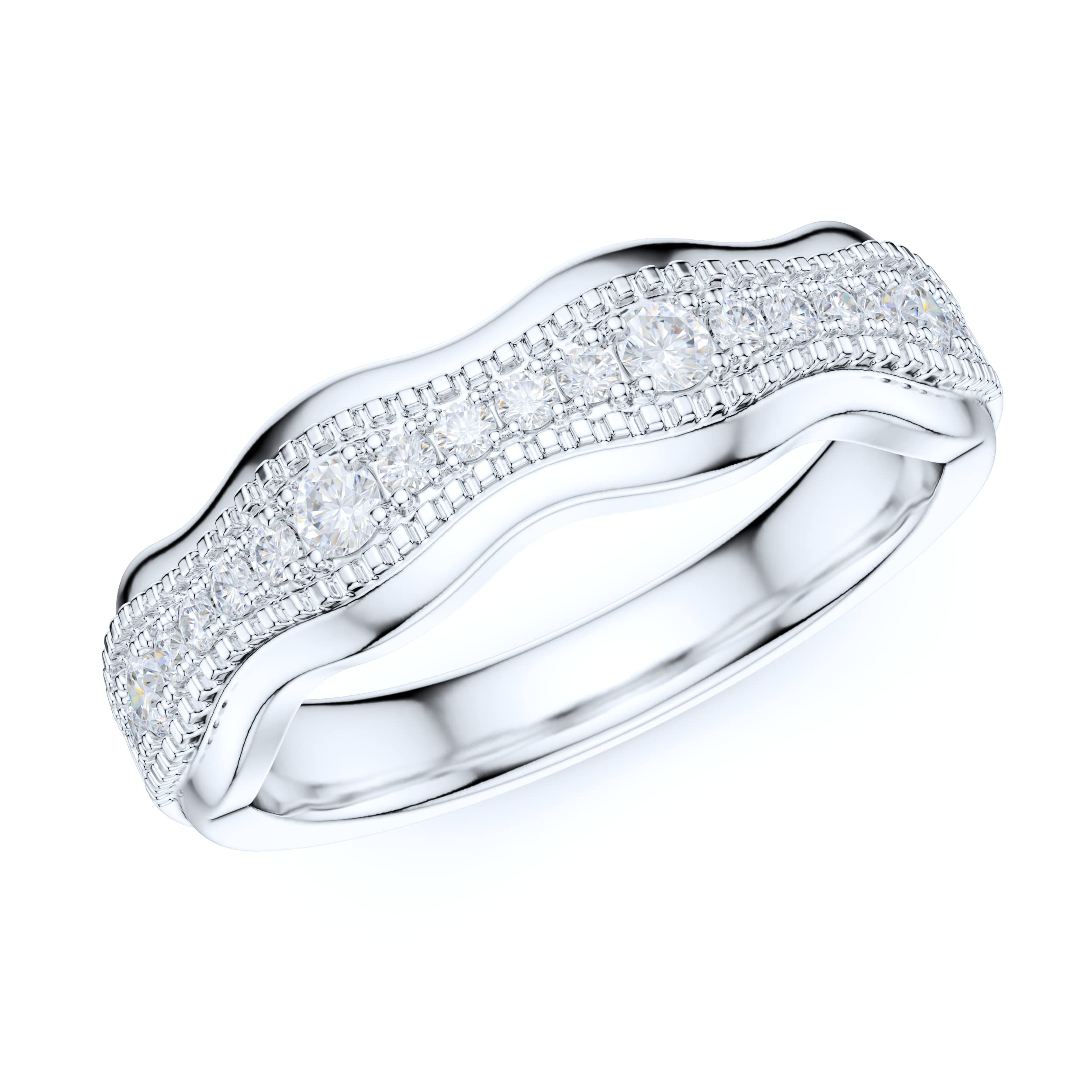 PRSTANI Sterling Silver Fancy Wave Shape Milgrain Simulated Round Brilliant Diamond Full Eternity Ring Wedding Band (12)