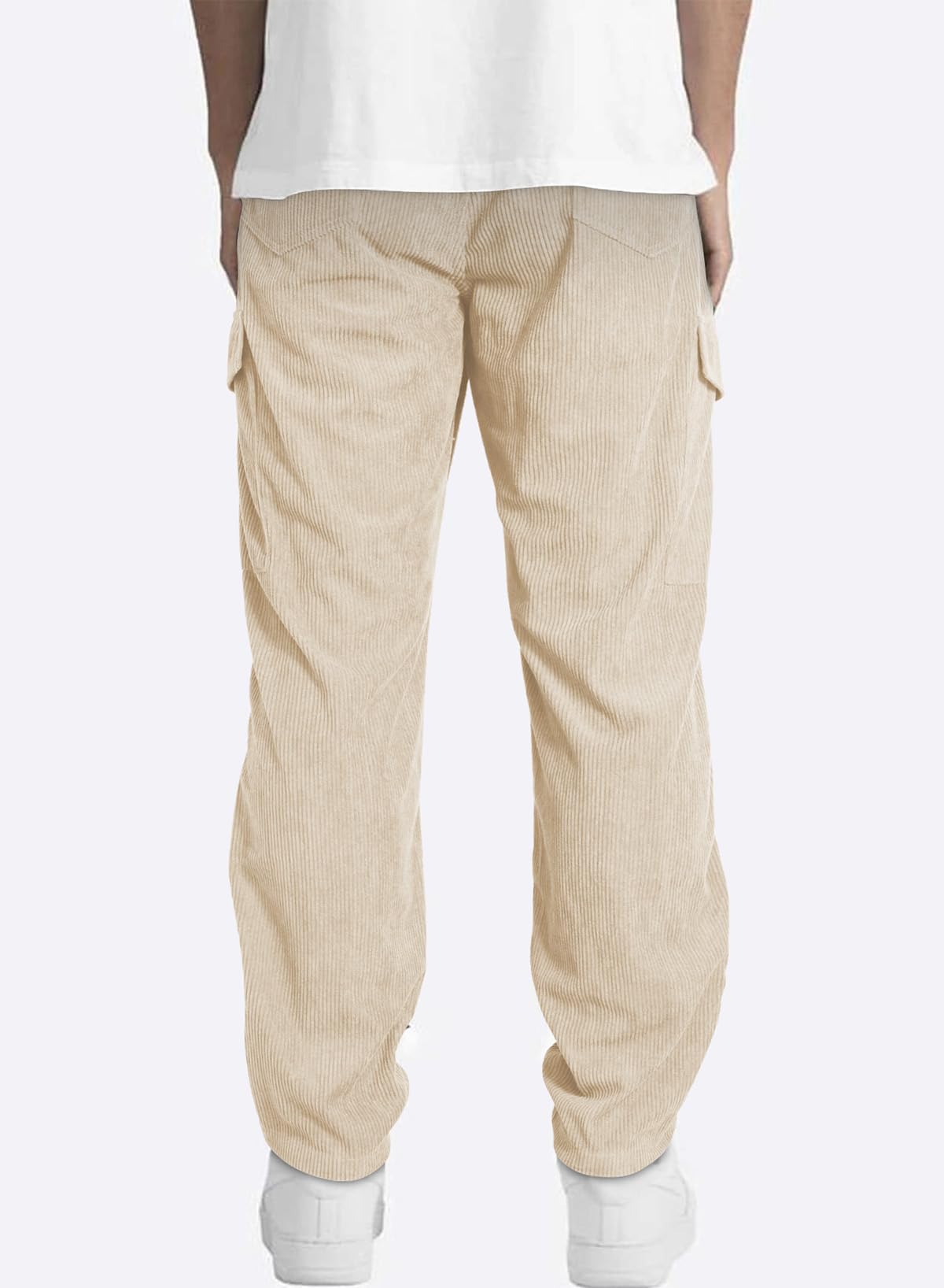 JMIERR Mens Casual Corduroy Pants Elastic Waist Drawstring Joggers Bell Bottom Pants with Flap Pockets Slim Fit, US 32(S), E3 Khaki