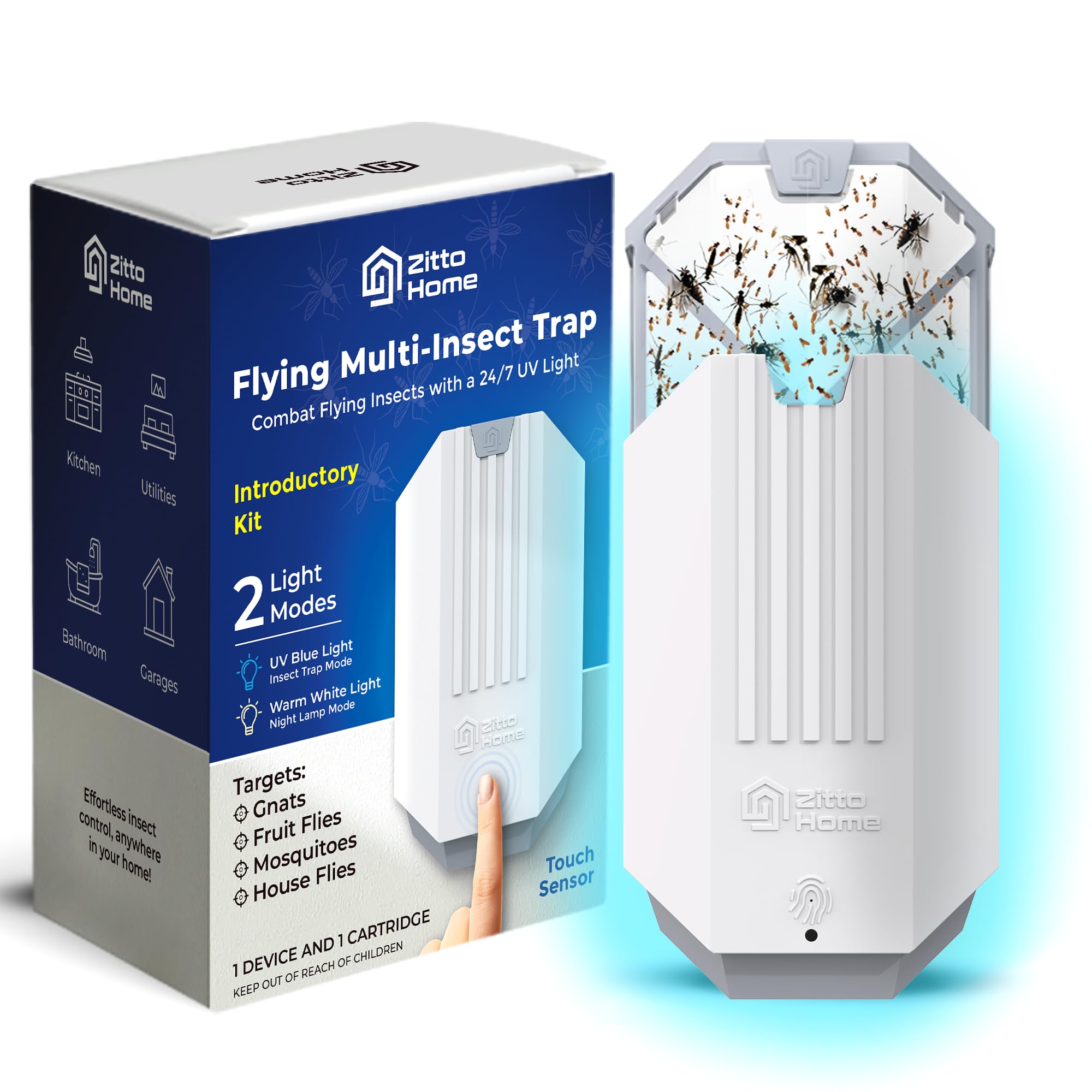 Zitto Home Fly Trap Indoor Starter Kit (1 Device & 1 Refill), Long Lasting Indoor Fly Trap for Home, Captures Flies, Moths, Fruit Flies, Gnats, Flying Insect Trap Indoor Plug in 24/7 UV Light