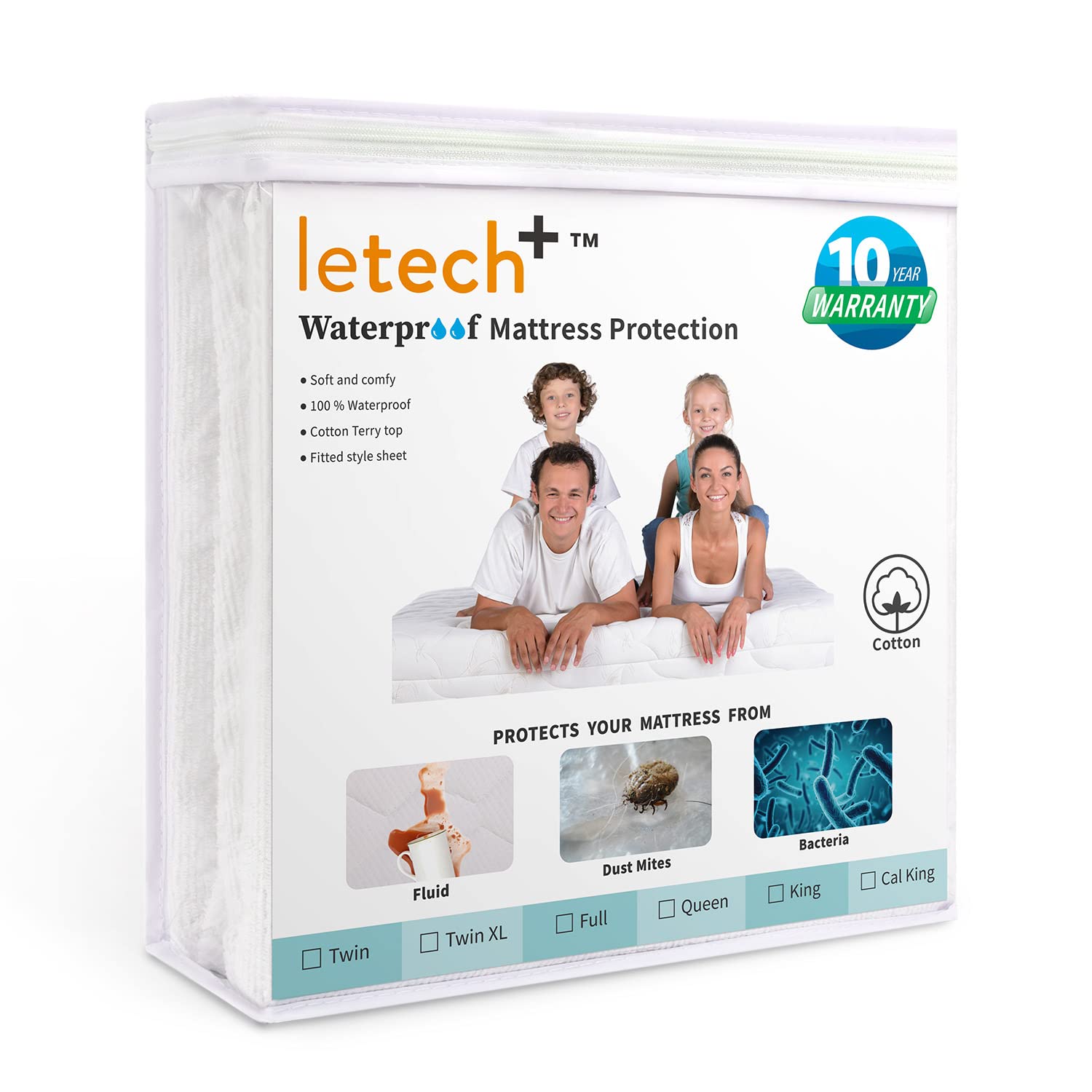 Letech+ Waterproof Mattress Protector Fitted Style, Queen Size 100% Cotton Terry Smooth and Breathable Top, Mattress Cover - Noiseless Vinyl-Free Deep Pocket Machine Washable Protector