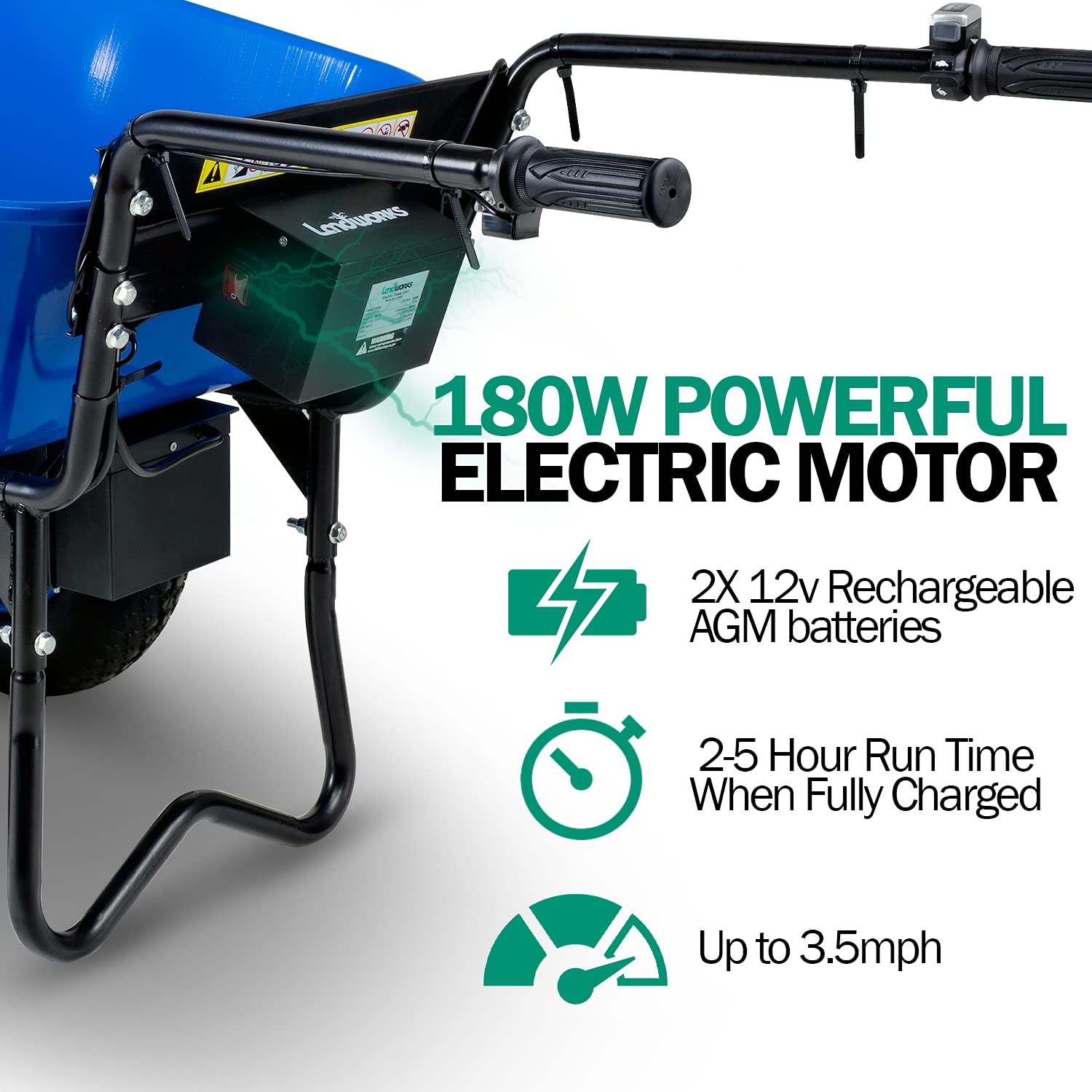 Landworks Wheelbarrow Utility Cart Electric Powered 24V DC 180W AGM Battery 330lbs (150kgs) Max Capacity Barrel Dump Material Debris Hauler