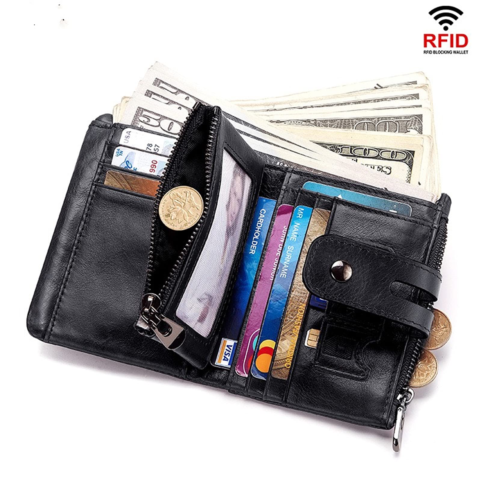 LAOHEIMA Mens Wallet RFID Genuine Leather Bifold Wallets For Men, ID Window 13 Card Holders Gift Bo
