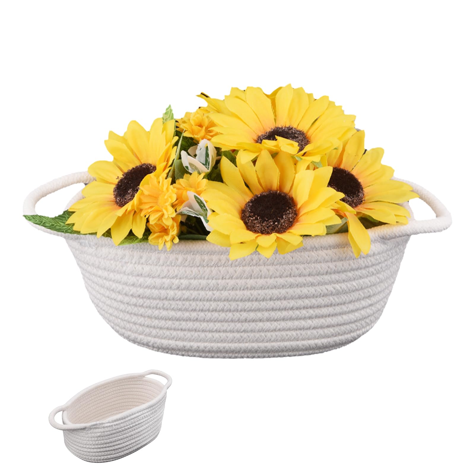 Storage Basket with Transparent Packaging Bag, Woven Basket Cosmetic Storage Bakset with Handles for Living Room, Bathroom(White)