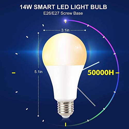 LVJING Smart Light Bulb 14W (60W Halogen Bulbs Equivalent) E26 LED Bulb with APP and Remote Control, Warm-Cold White Dimmable (2700K-6000K) Light Bulb for Party Home Decoration