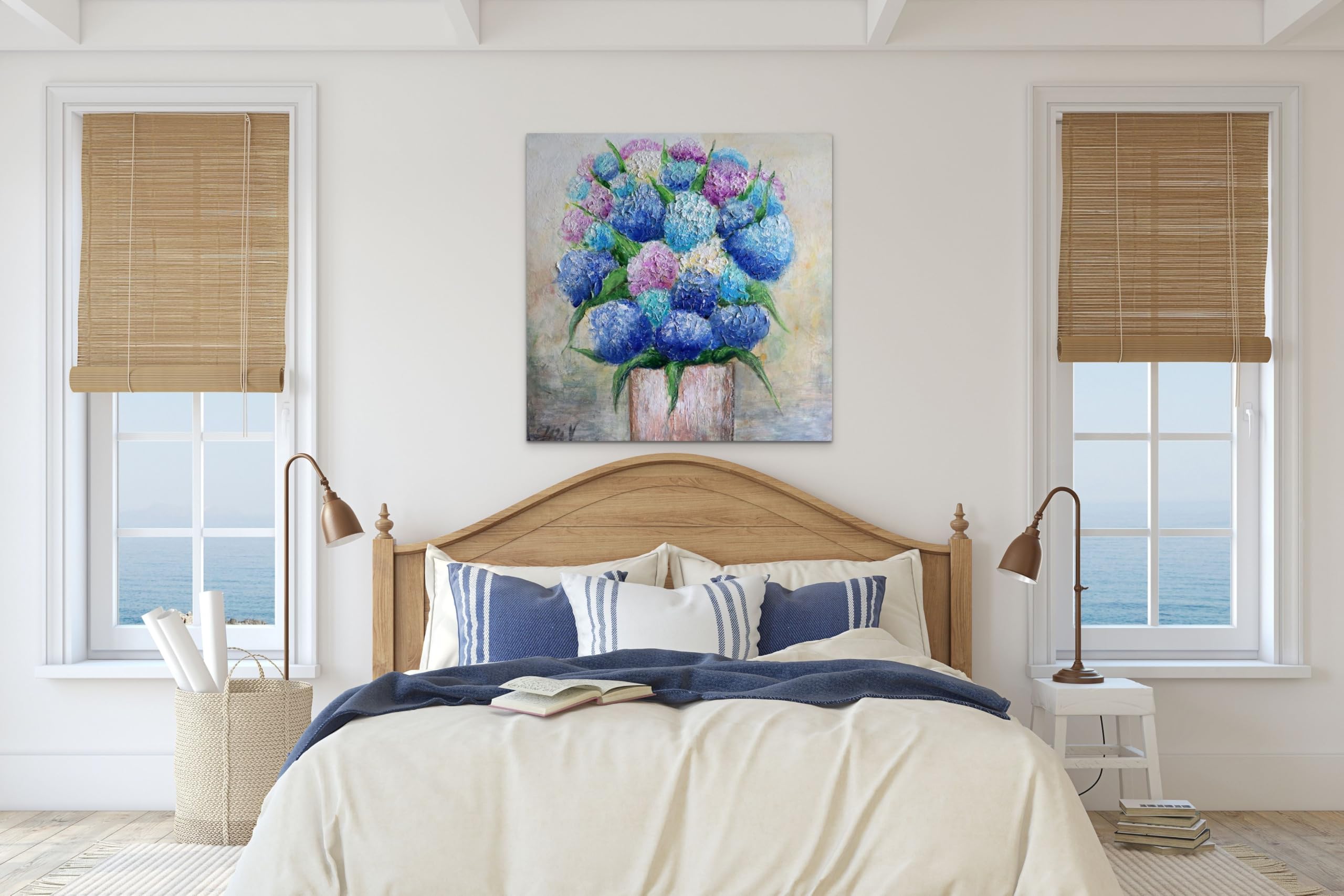 Hydrangea Flowers Blue Lavender White Bouquet in Ceramic Vase, Original Oil Painting