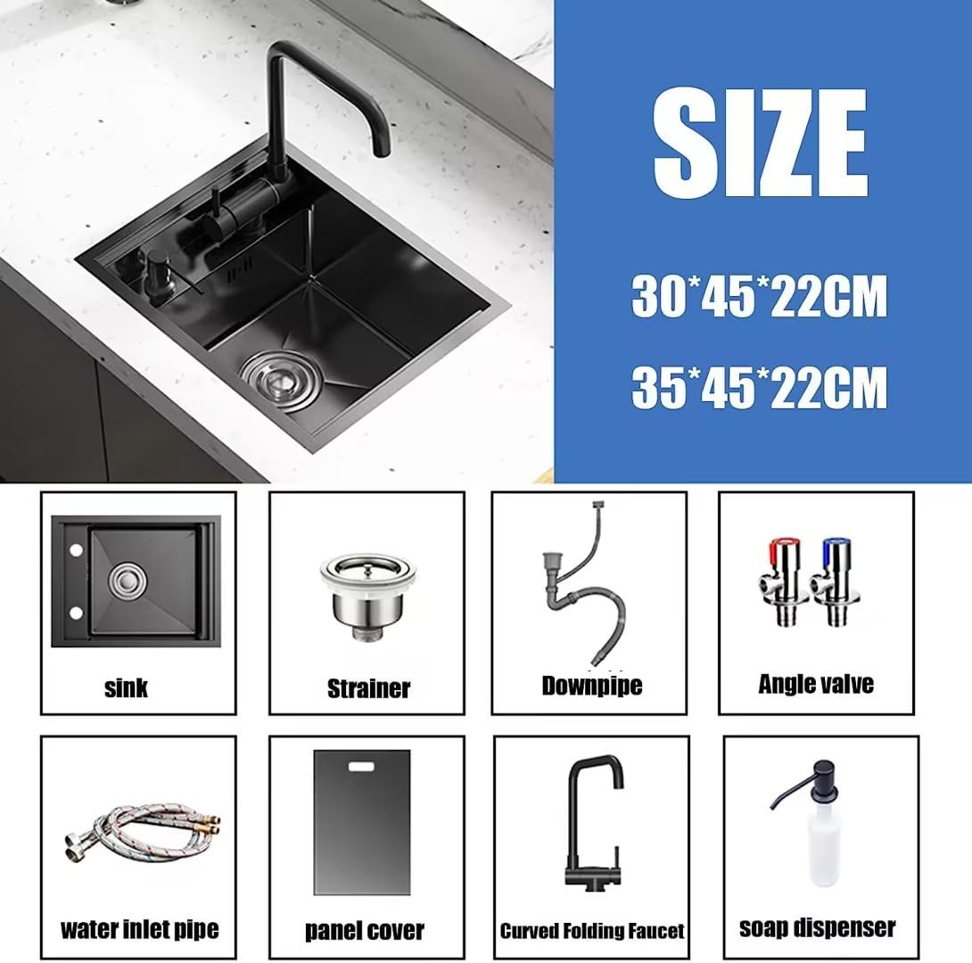 JINGTAO Hidden Sink Bar Counter Handmade Single Sink Household Kitchen Sink with Cup Washer Arc Folding Faucet + Soap Dispenser (Color : Black, Size : 60 * 40 * 22cm)