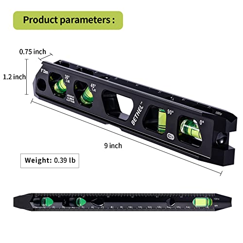 Torpedo Level, Magnetic Conduit Level with 4 Vials, V-Groove and Magnet Track,Aluminum Alloy Construction, High Viz Black (9 inch)
