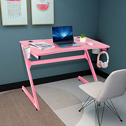 YIGOBUY Pink Gaming Computer Desk 43 Inch Barbie Gaming Table Z Shape Black Racing Table Student Desk with& Headphone Hook for Kids Adults Home Office Bedroom Computer Workstation